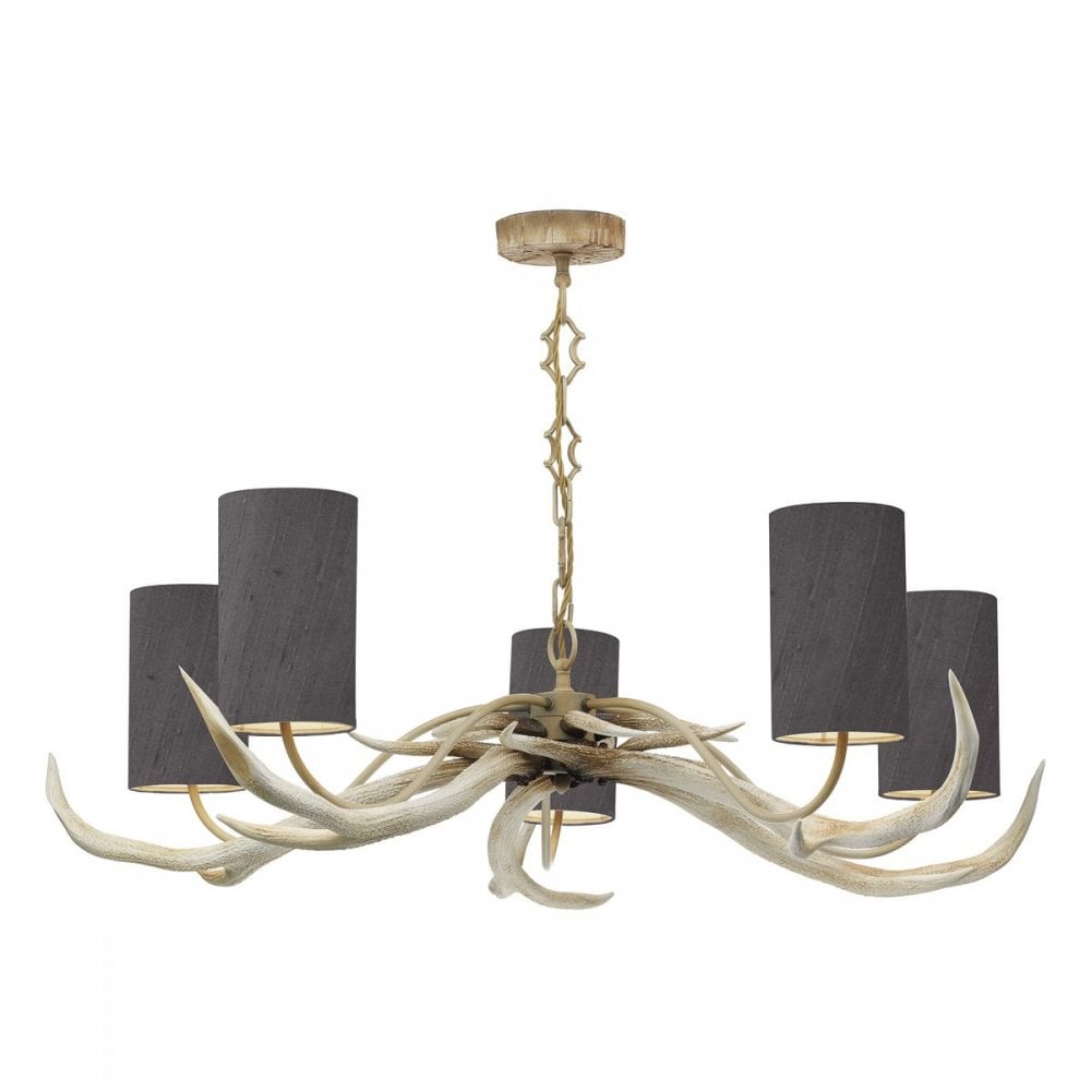 Antler Bleached 5 Light Pendant & Bespoke Charcoal Silk Shades – Decor ...