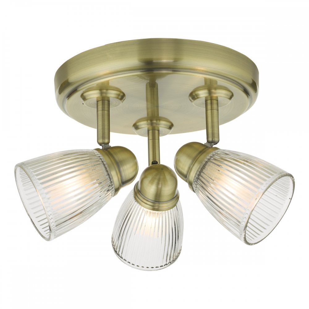 Cedric Antique Brass Round Plate Spotlight with Ribbed Glass Shades ...