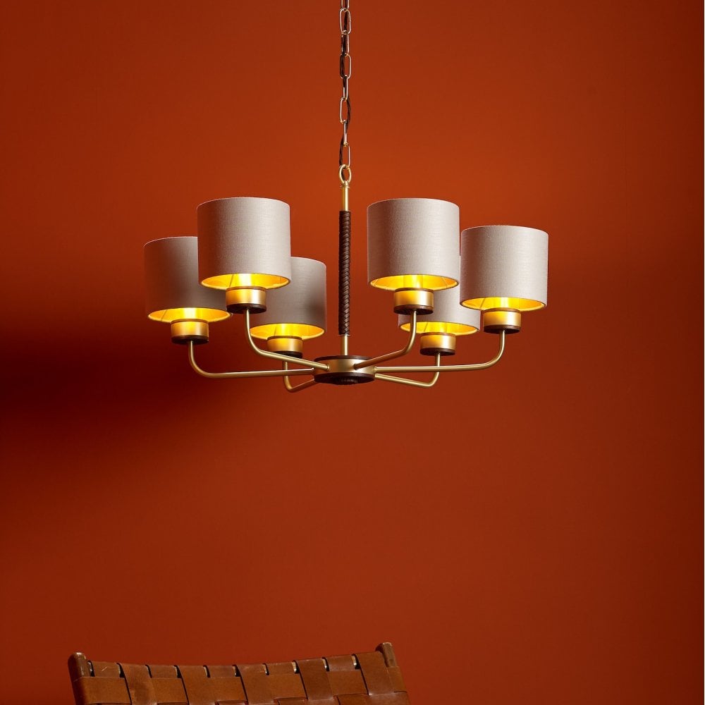 Hunter 6 Light Pendant Butter Brass With Leather Effect Complete With ...
