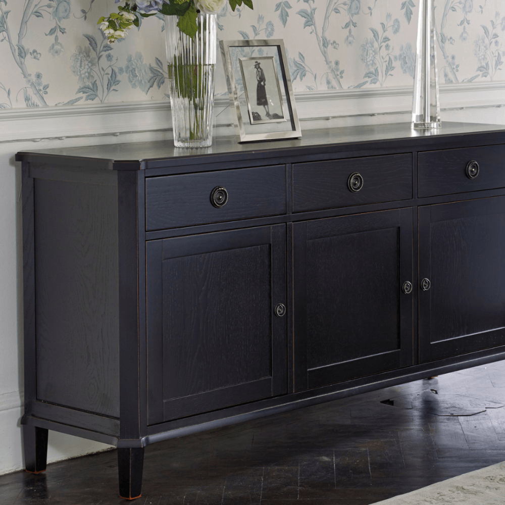 Henshaw Sideboard Black Hand-Painted Wood Three Doors Three Drawers ...