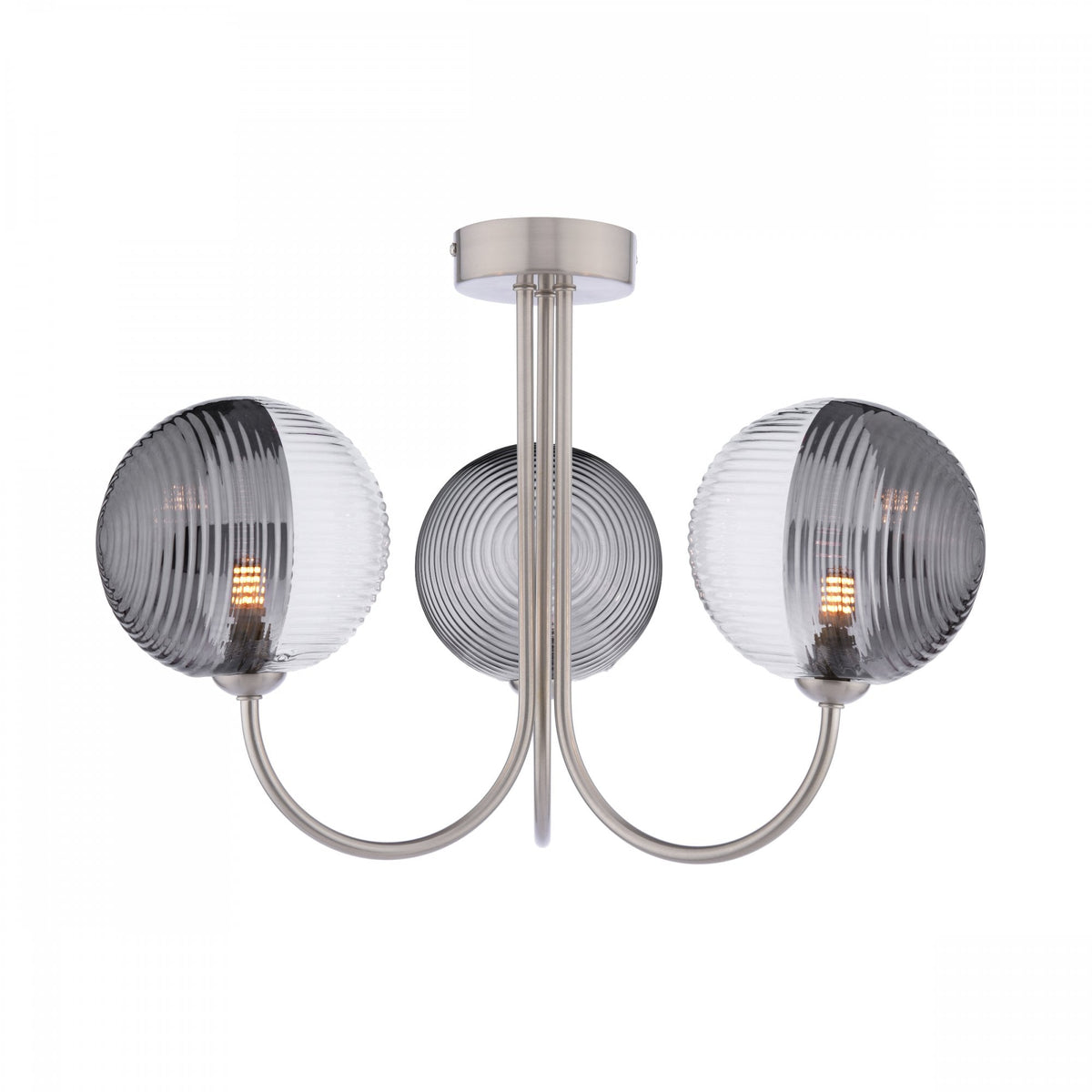 Jared 3 Light Semi Flush Ceiling Light Satin Nickel & Smoked/Clear Rib ...