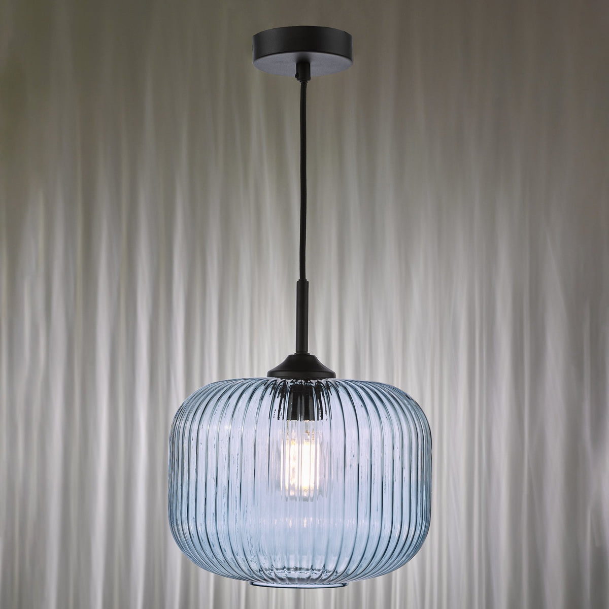 Demarius Pendant Matt Black and Blue Ribbed Glass – Decor Lighting
