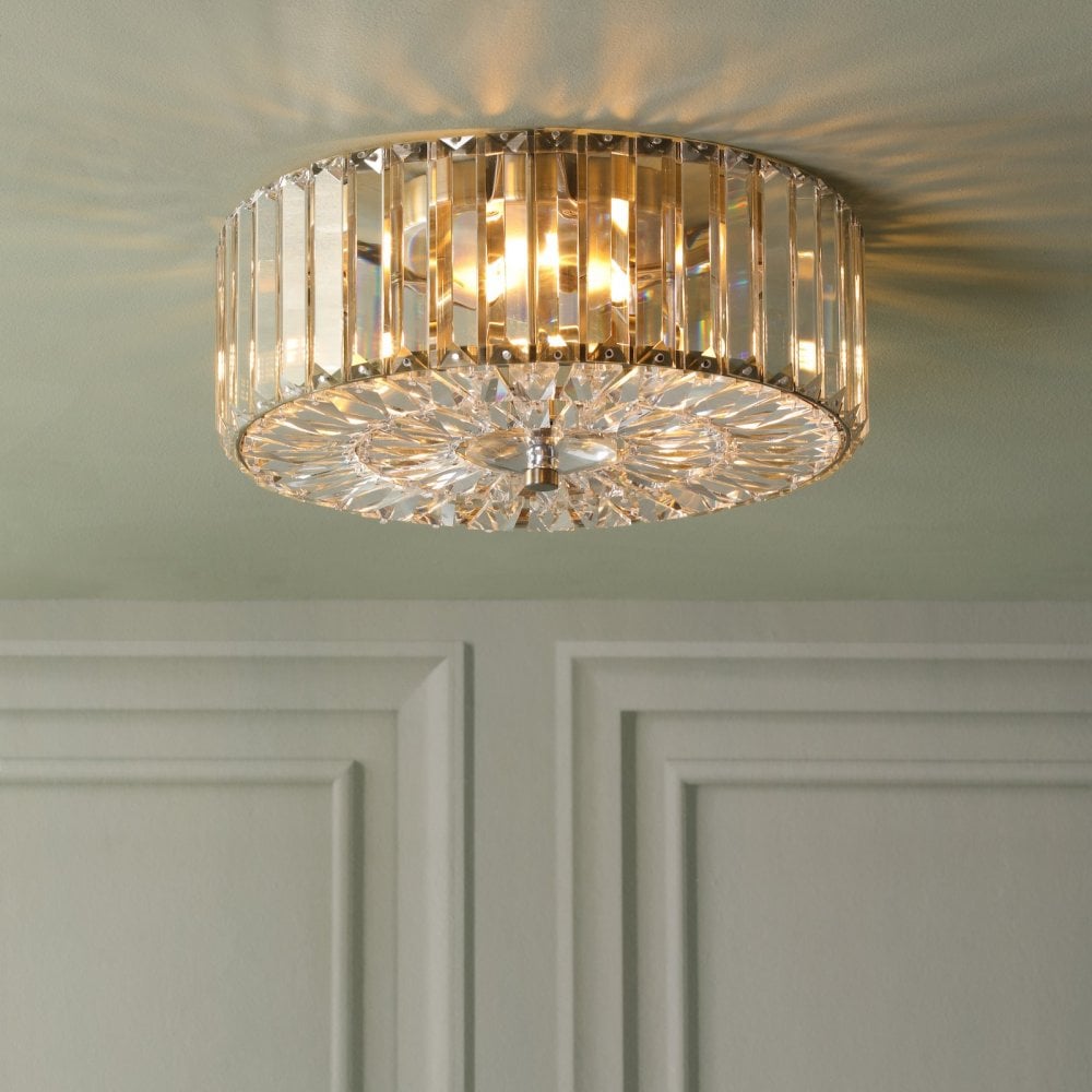 Fernhurst 3 Light Antique Brass & Crystal Flush – Decor Lighting