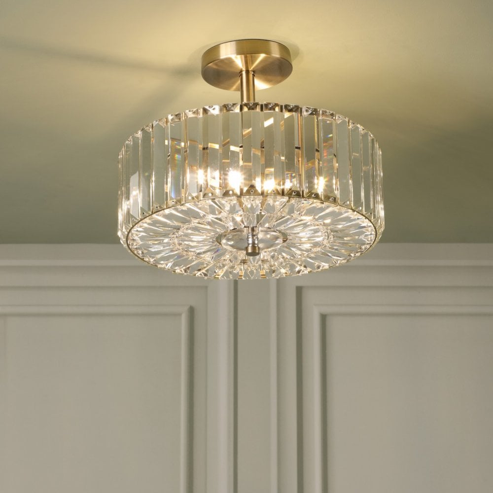 Fernhurst Antique Brass Semi Flush Ceiling Light with Crystal Shade ...