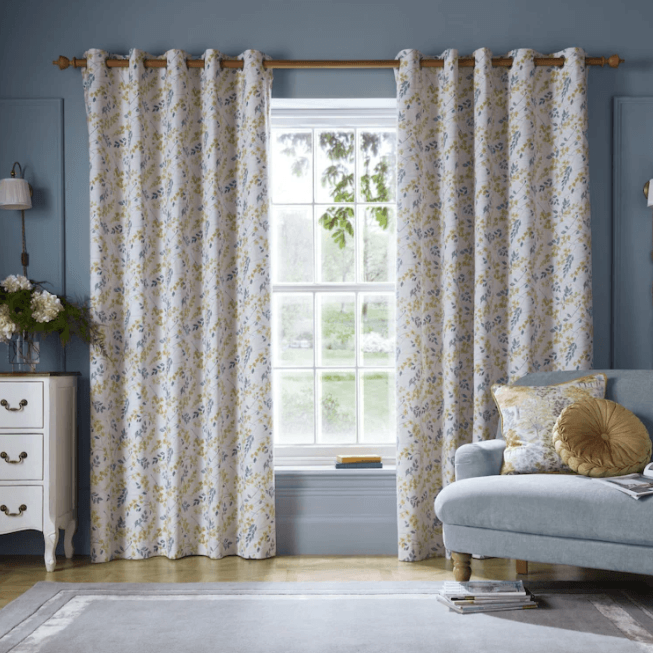 Longston Sprig Ochre Yellow Eyelet Curtains – Decor Lighting