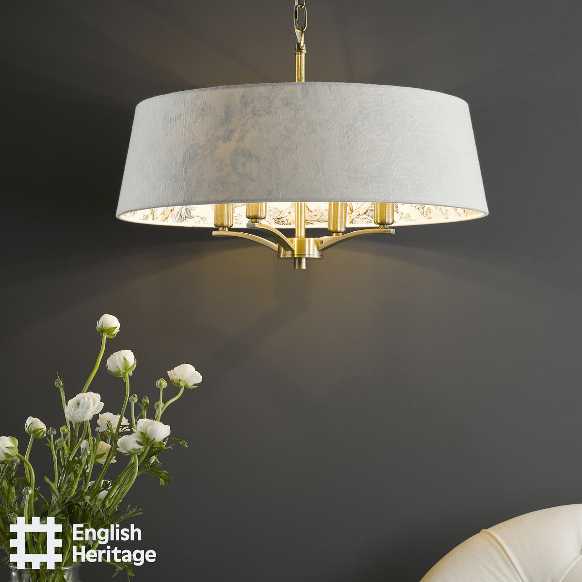 Delft Antique Brass Pendant Light with Ivory Linen Shade – Decor Lighting