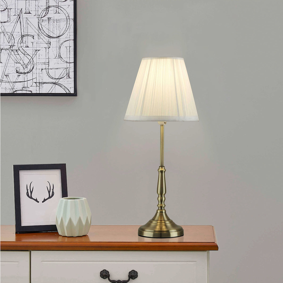 Elliot Table Lamp in Antique Brass with Ivory Light Shade – Decor Lighting